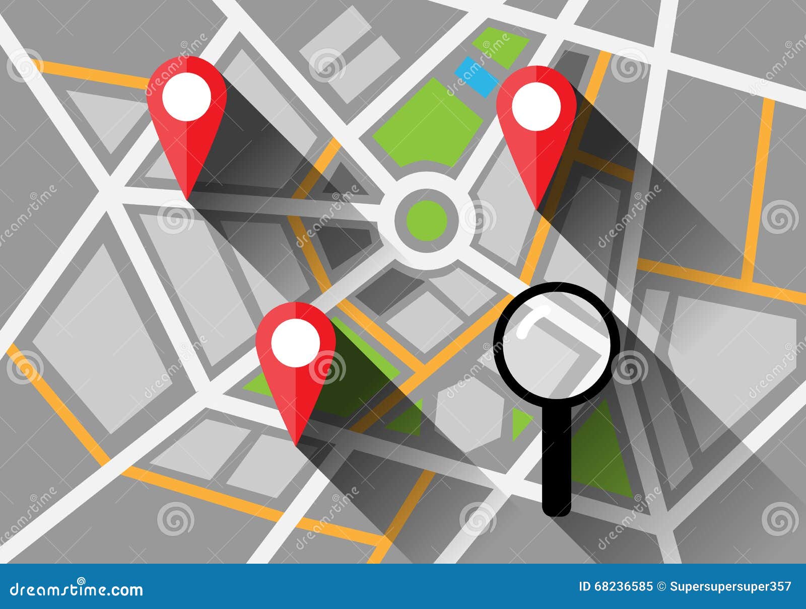 Map with a Pin and Looking Glass Long Shadows Stock Vector ...