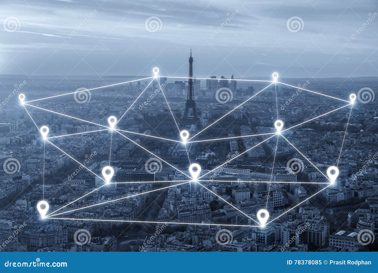 Map Pin Network Connection Flat Above Over Paris City. Stock Image ...