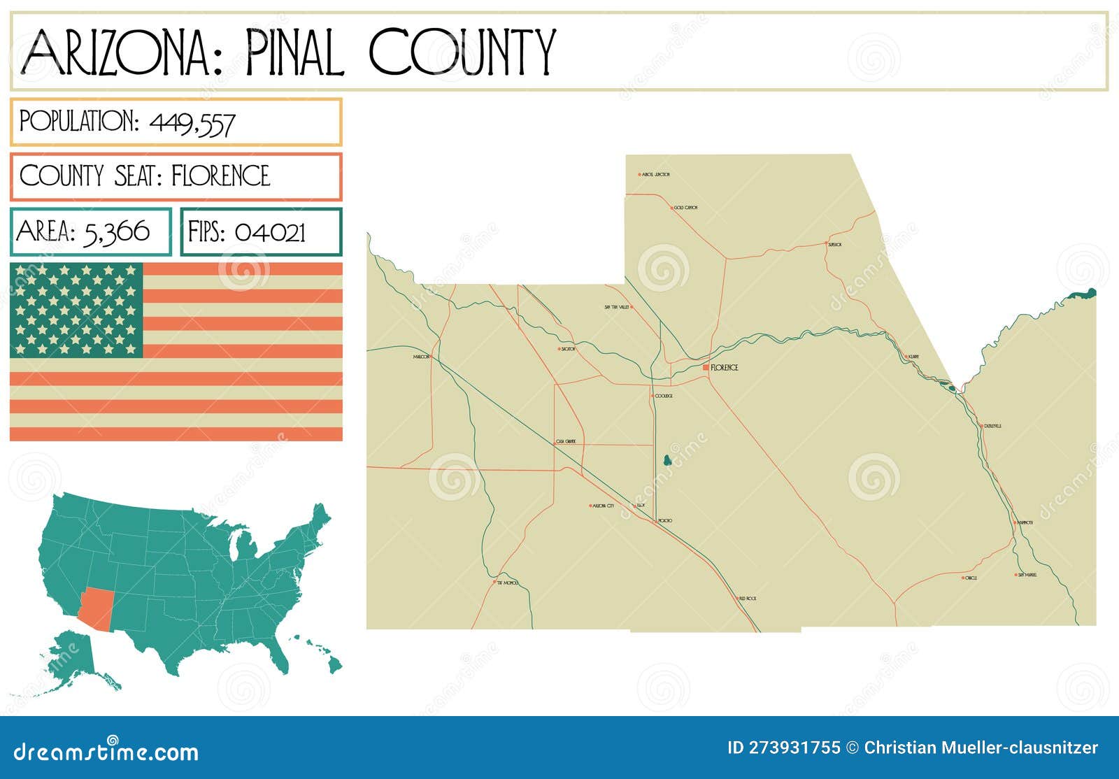 Map of Pinal County in Arizona, USA. Stock Vector - Illustration of ...