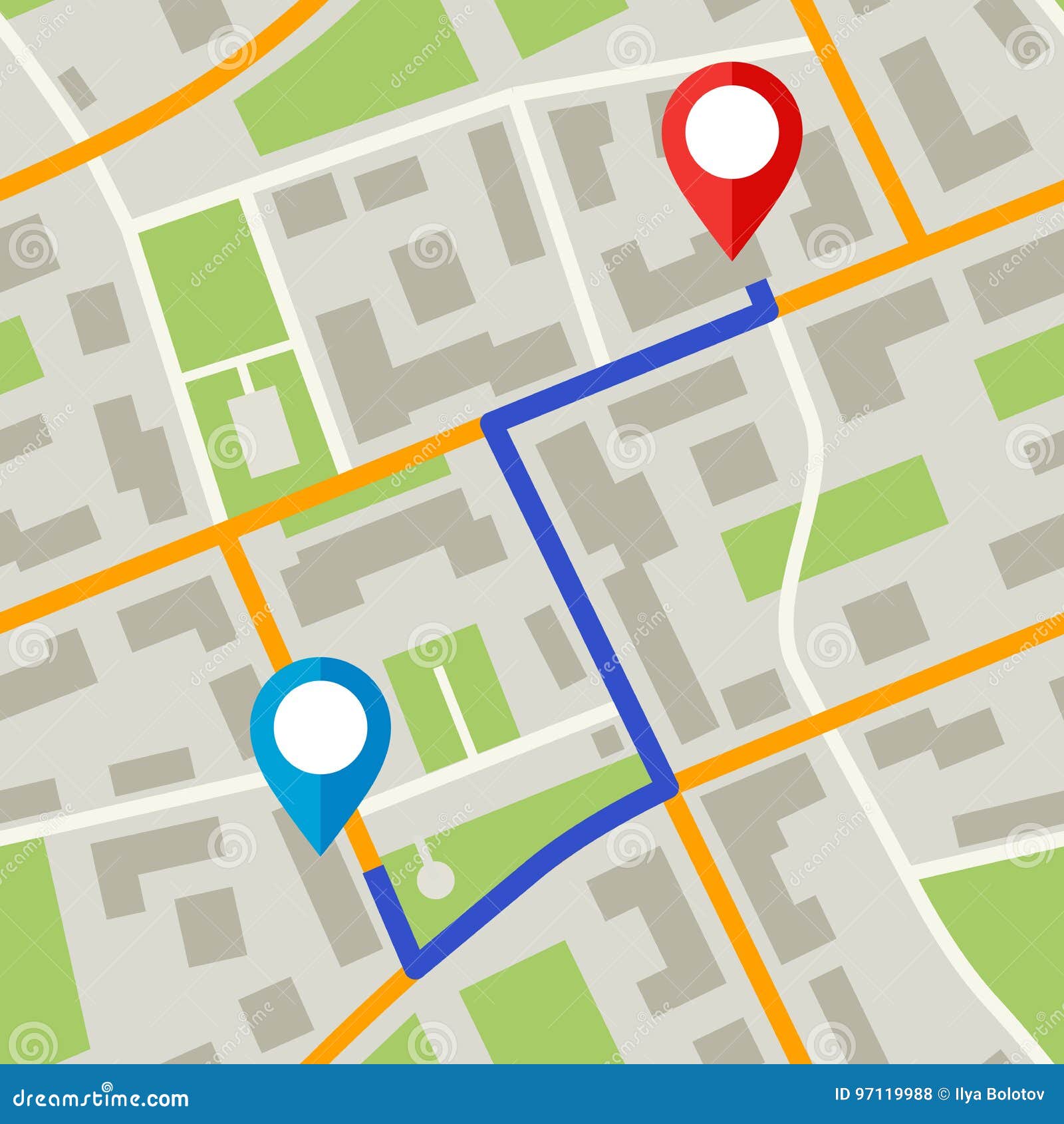 Map with pins and blue way stock vector. Illustration of lane - 97119988