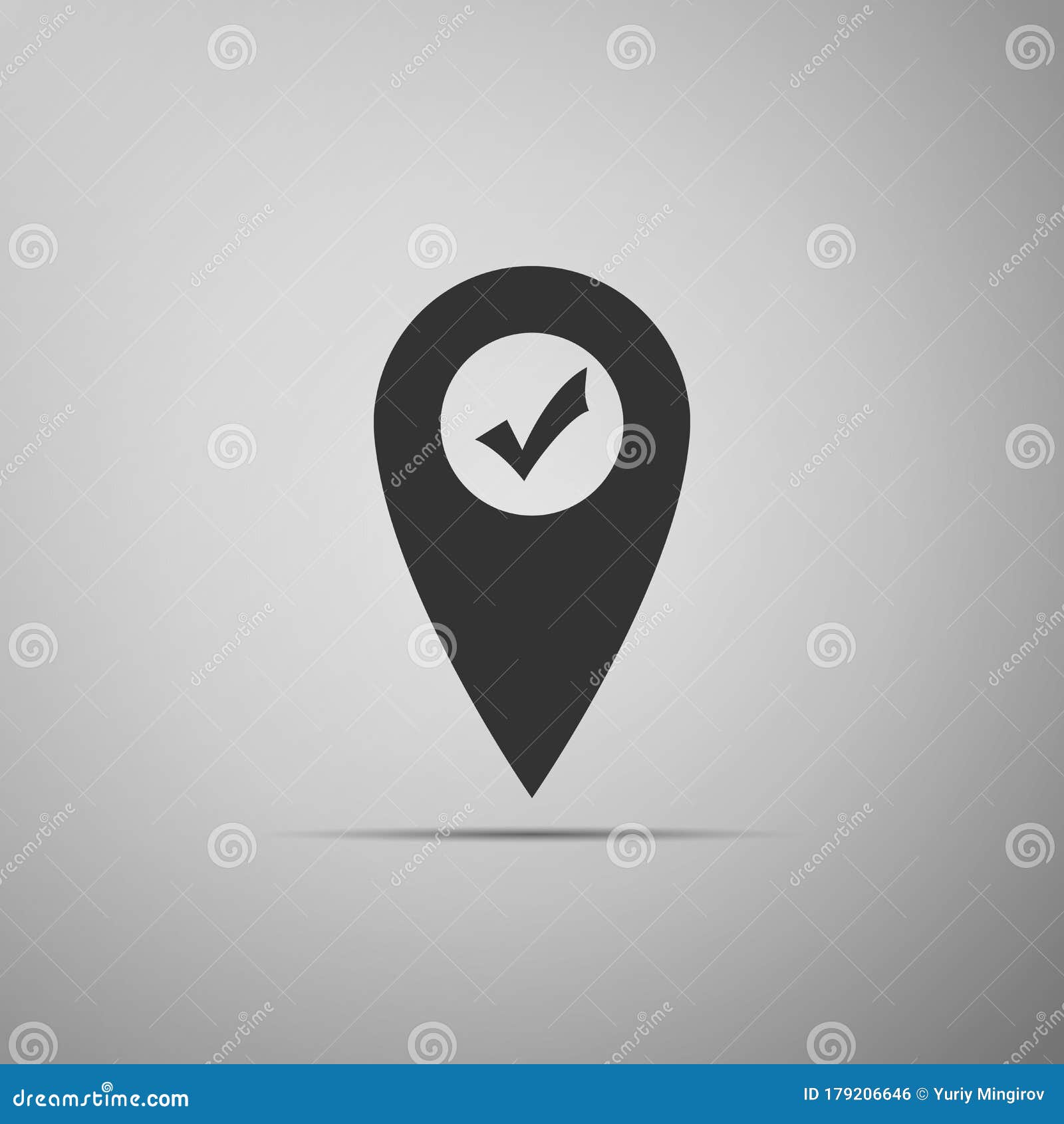 Map Pointer with Check Mark Icon Isolated on Grey Background. Marker ...
