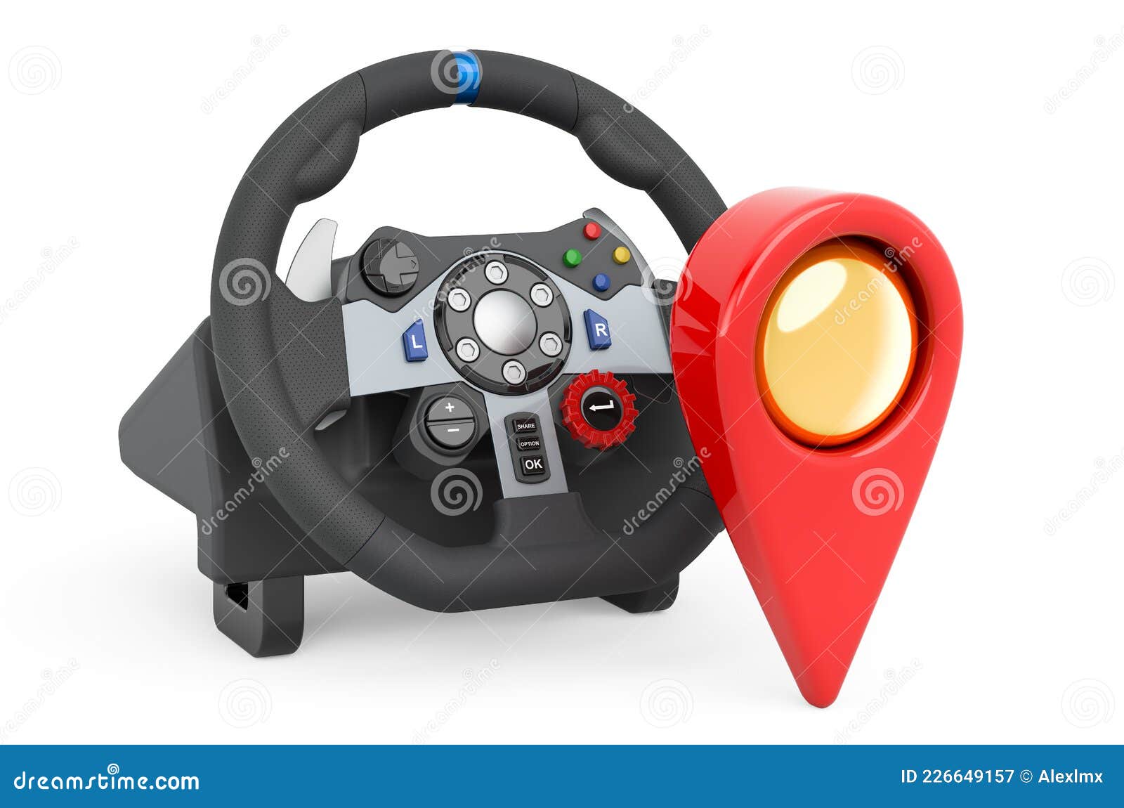 Map Pointer with Gaming Steering Wheel, 3D Rendering Stock Illustration ...