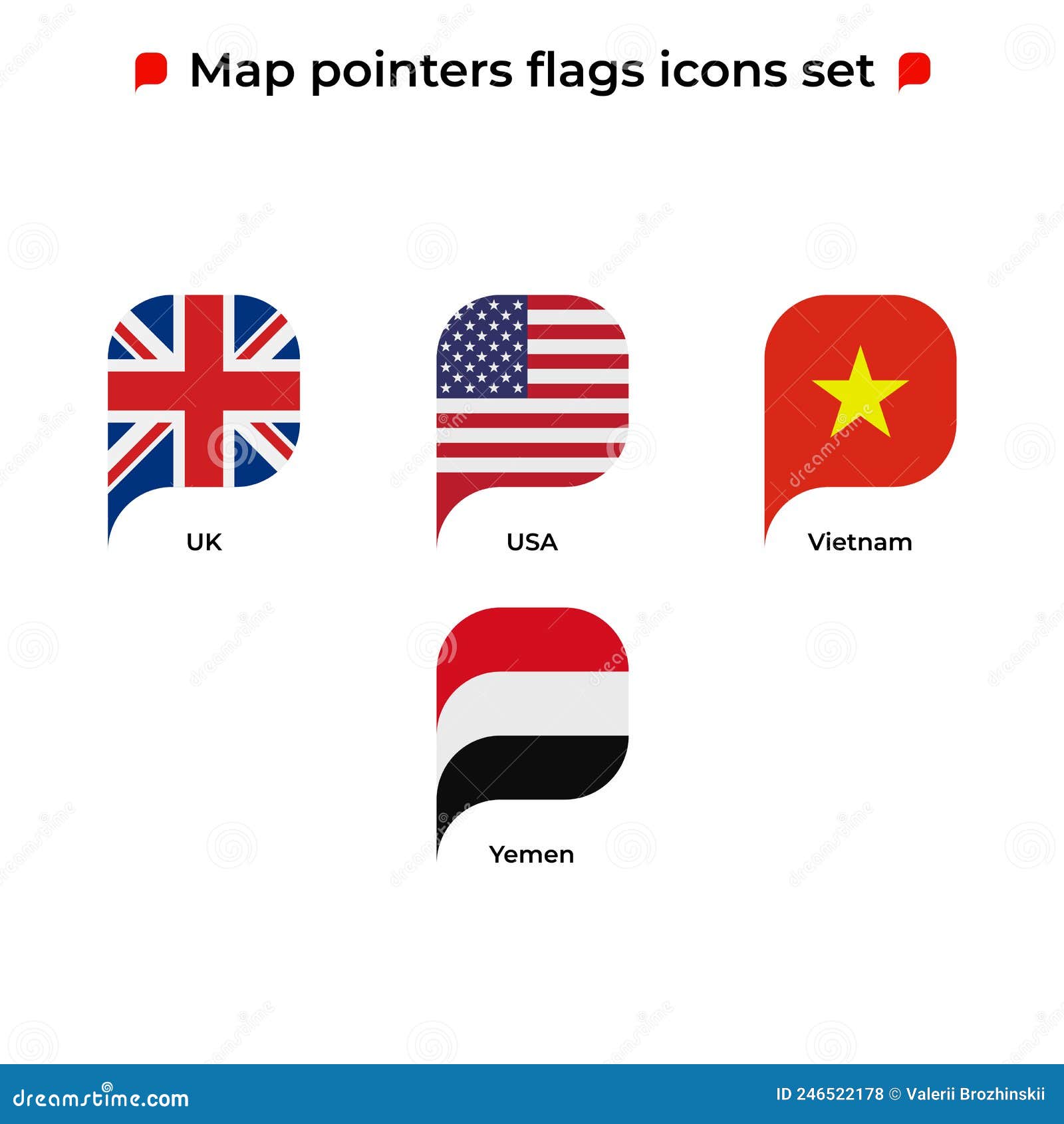 Map Pointers Flags Icons Set. Flag Icon in Simple Rectangular Pointer Shape. Vector Icon, Symbol ...