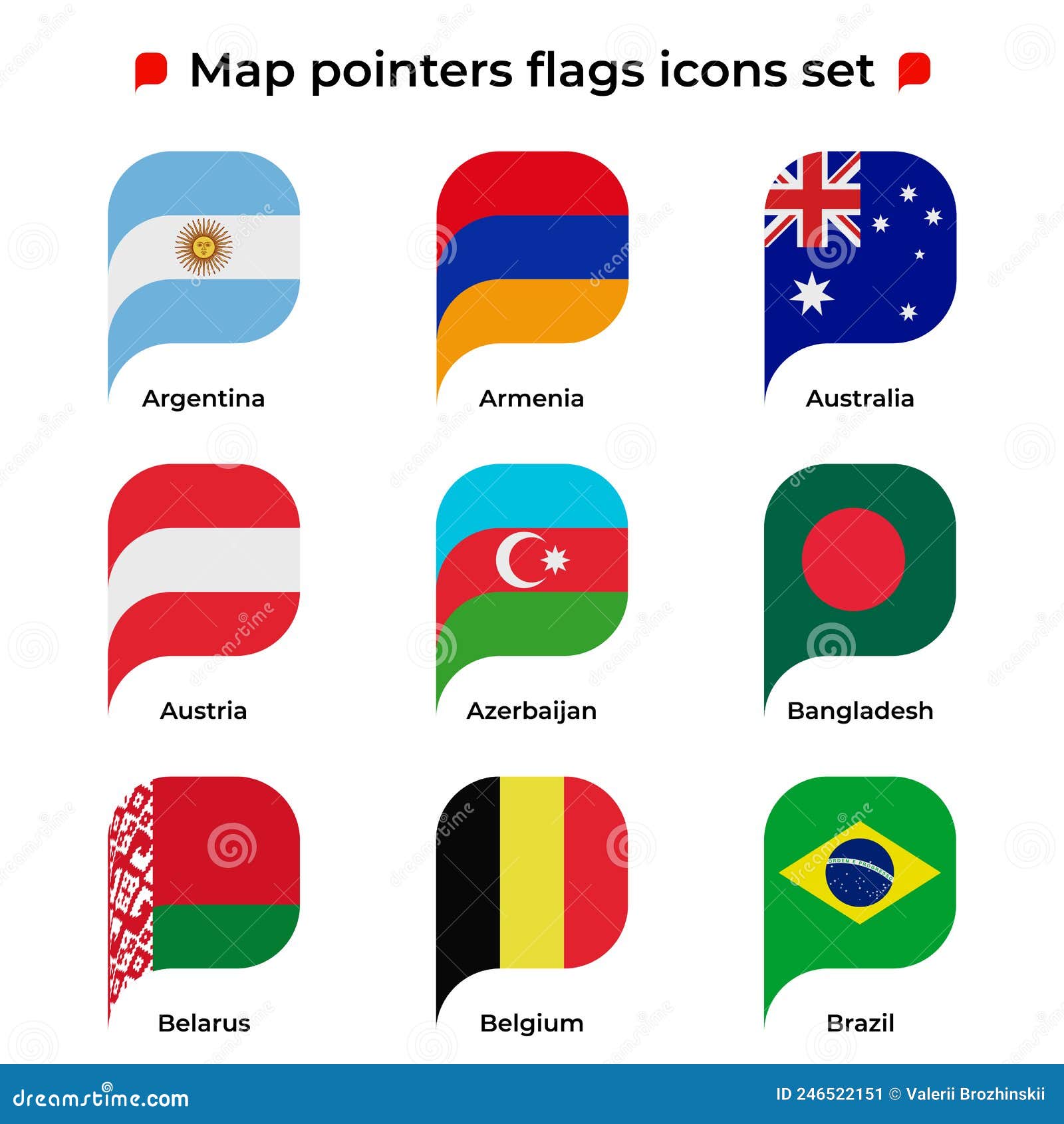 Map Pointers Flags Icons Set. Flag Icon in Simple Rectangular Pointer Shape. Vector Icon, Symbol ...