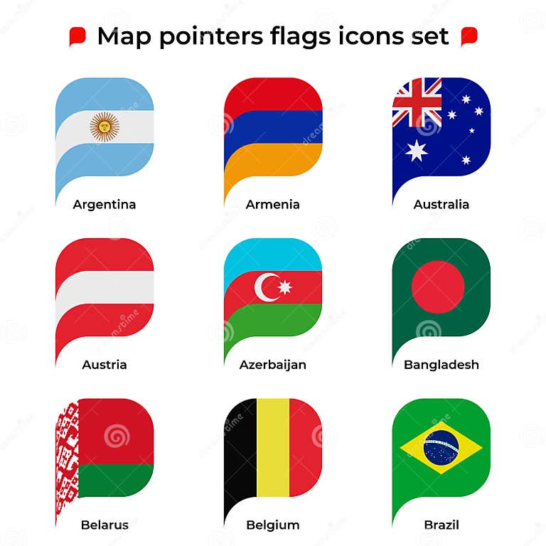 Map Pointers Flags Icons Set. Flag Icon in Simple Rectangular Pointer Shape. Vector Icon, Symbol ...