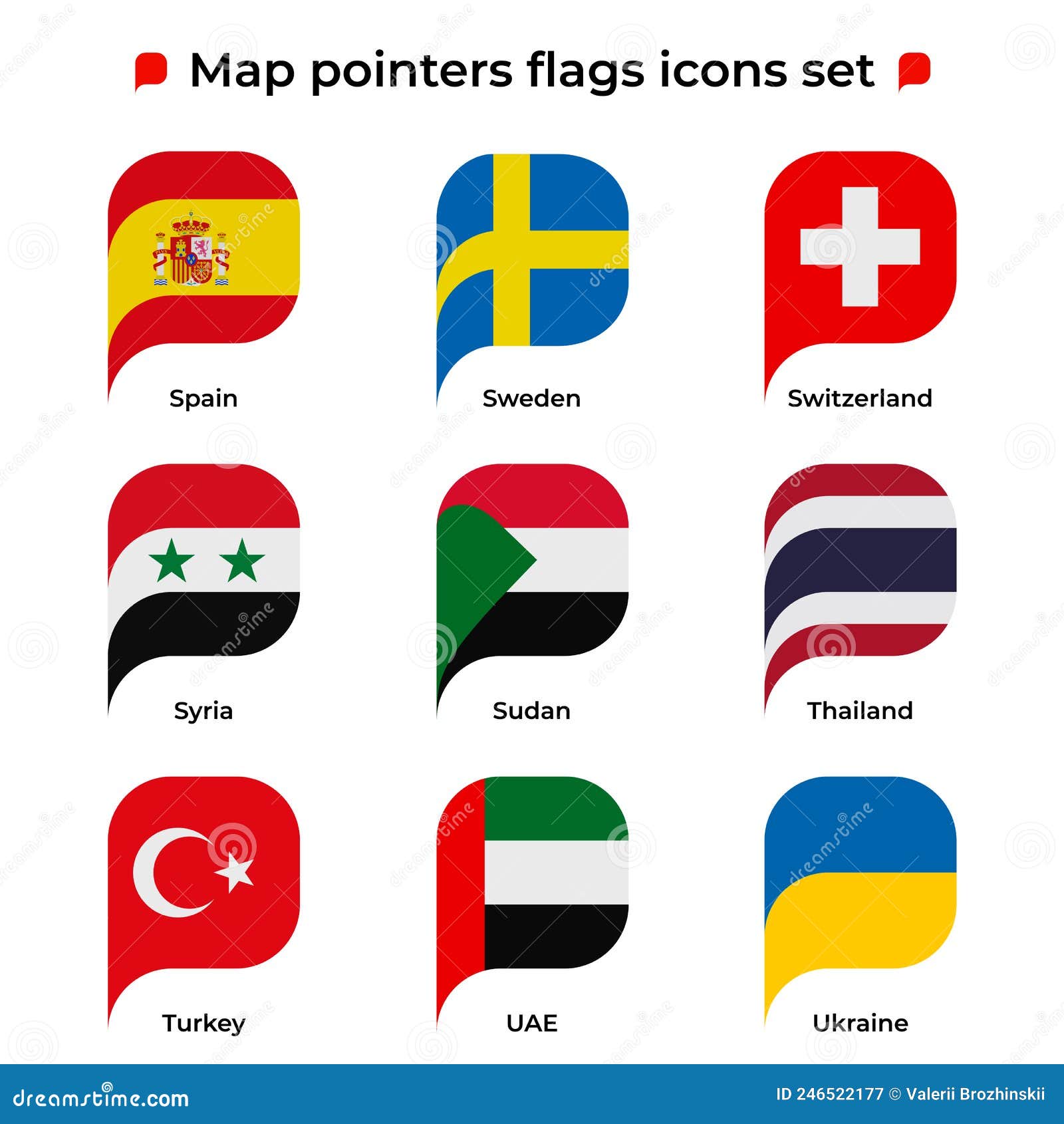 Map Pointers Flags Icons Set. Flag Icon in Simple Rectangular Pointer Shape. Vector Icon, Symbol ...