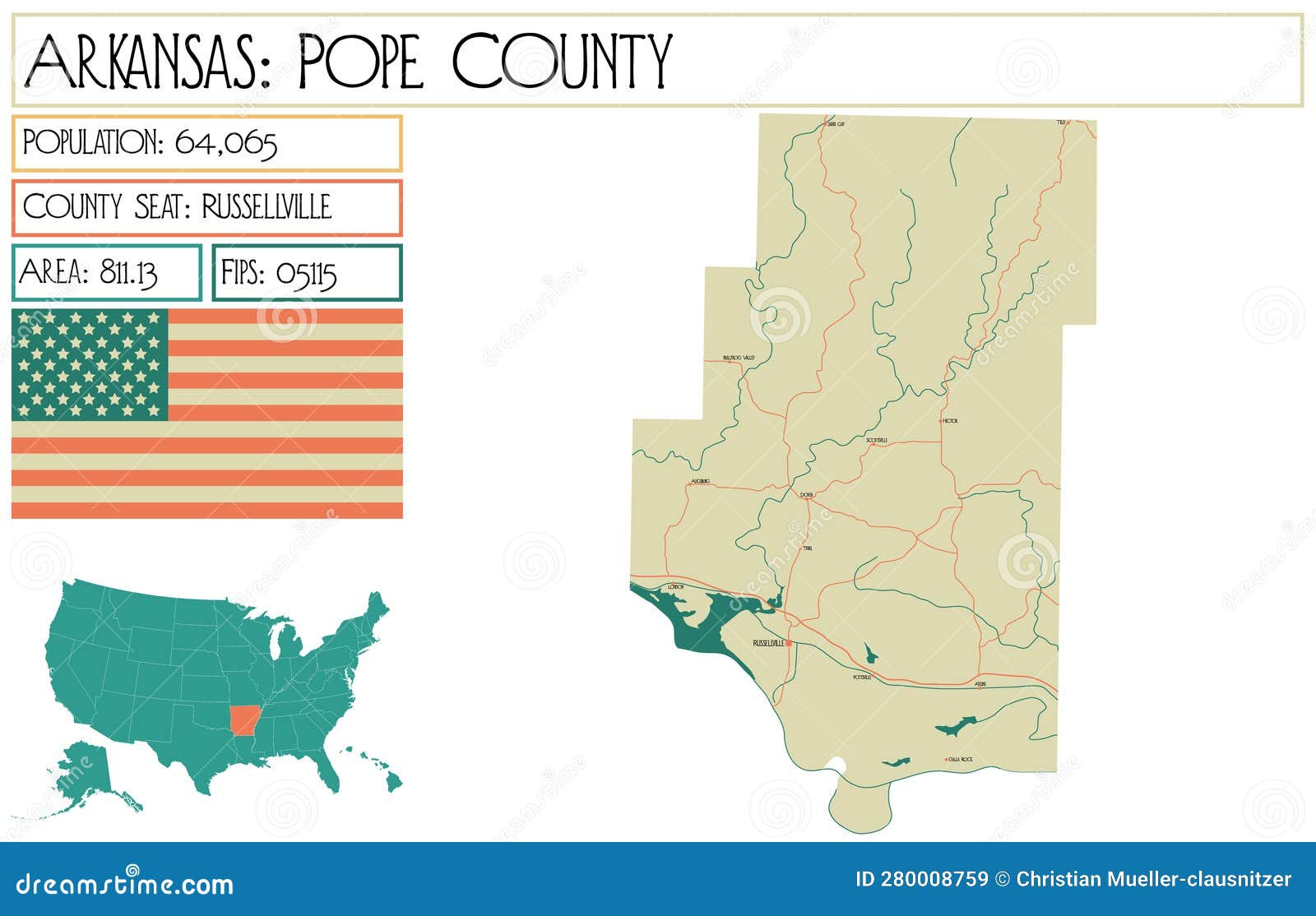Map of Pope County in Arkansas, USA. Stock Vector - Illustration of ...