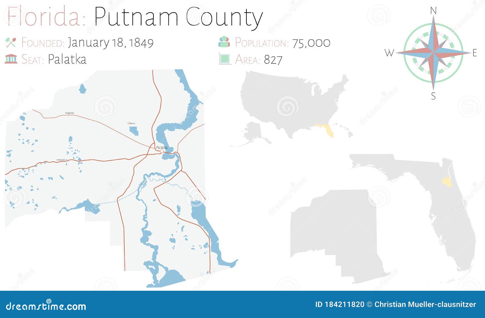 Map Of Putnam County In Georgia State On White Background. Single ...