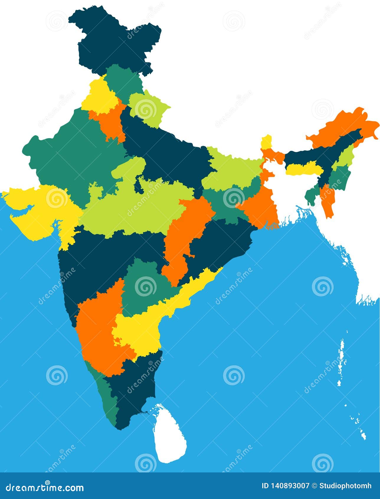 Map of the Republic of India with the States Colored Vector in Bright ...
