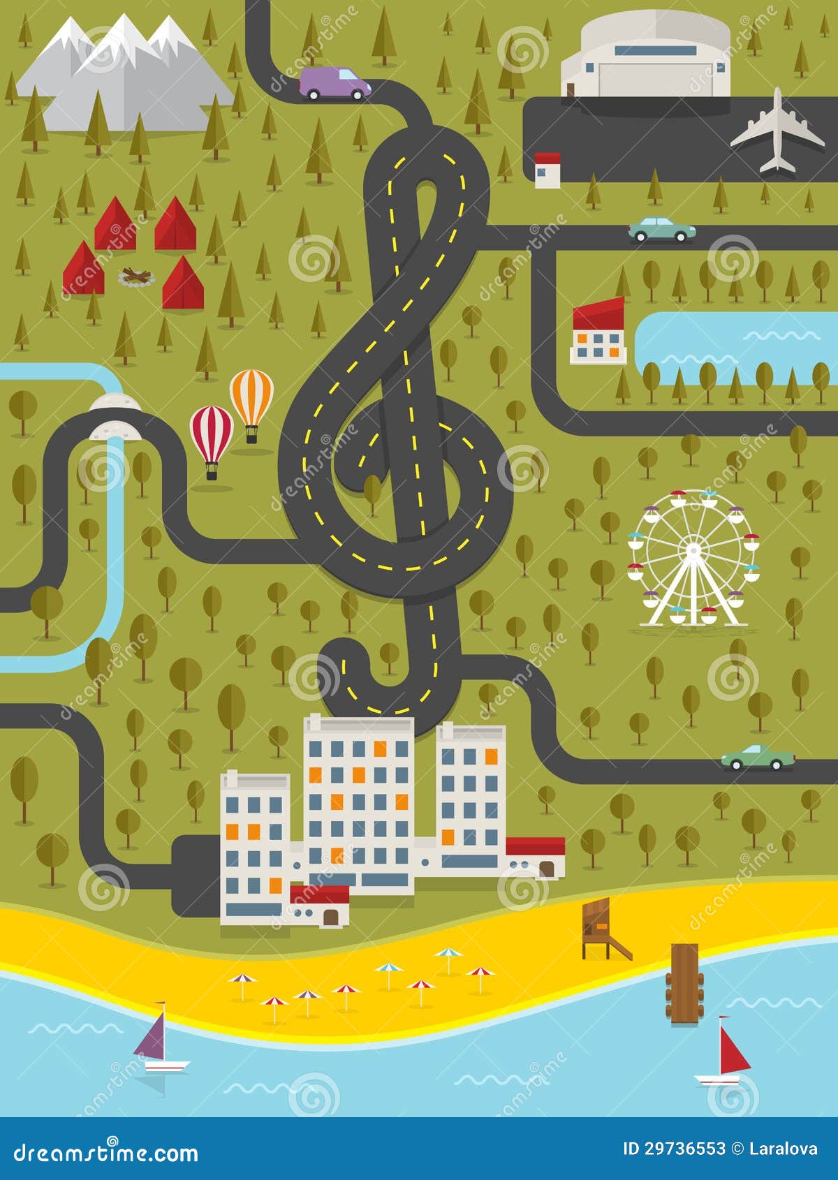 Map Of Resort Town With Road In Shape Of Treble Cl Cartoon Vector ...