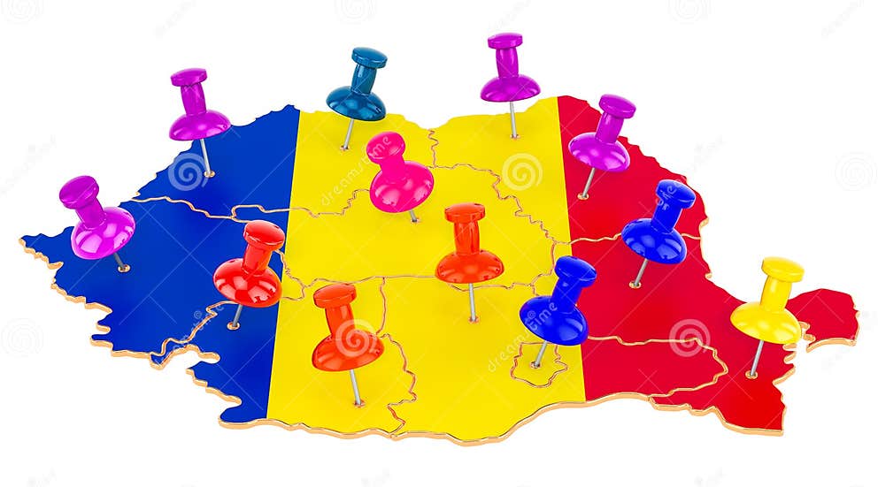 Map of Romania with Colored Push Pins, 3D Rendering Stock Illustration ...