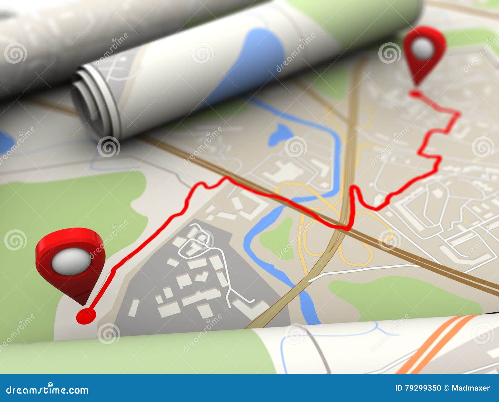 Map with route stock illustration. Illustration of render - 79299350