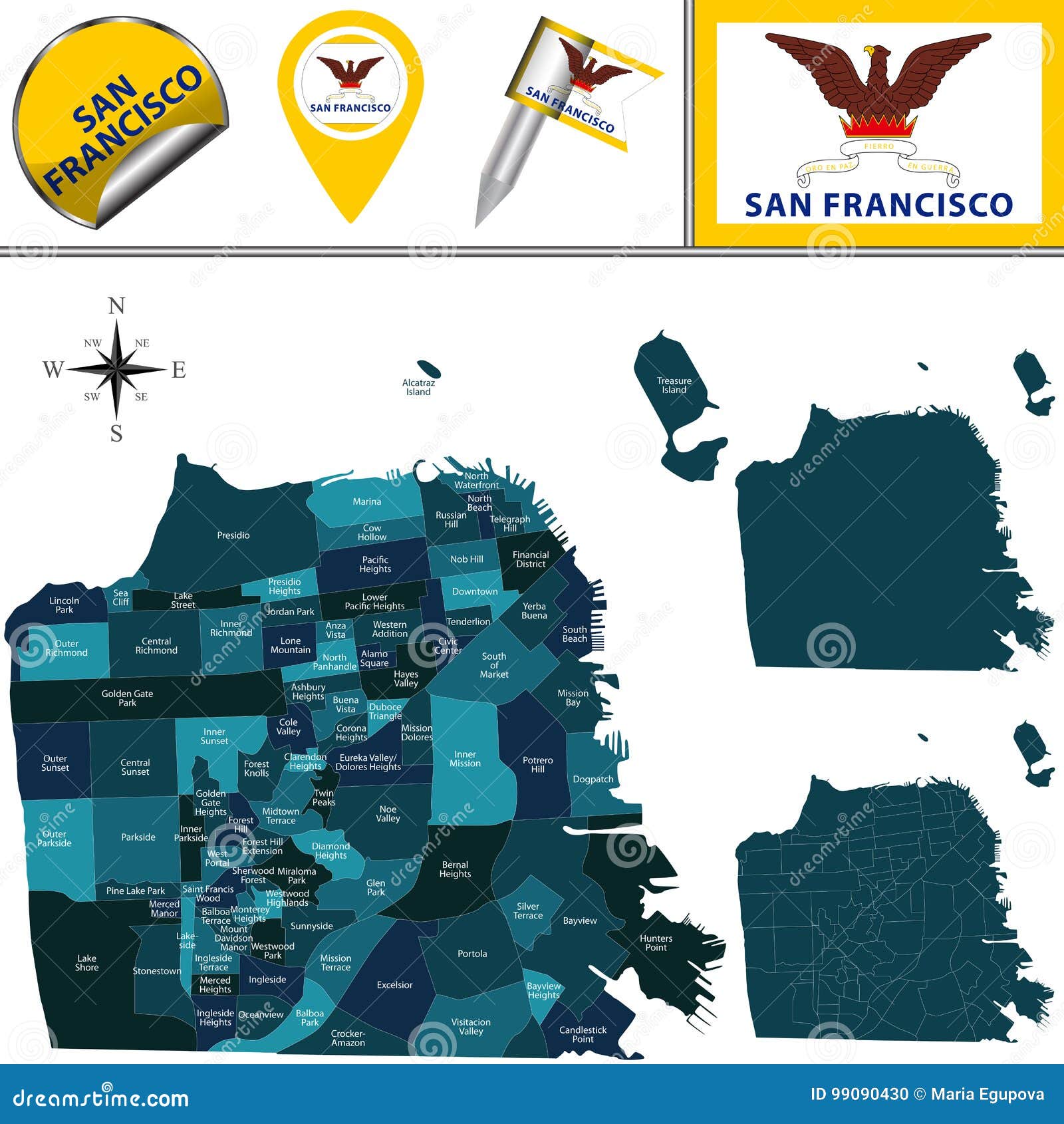 San Francisco Map With Neighborhoods And Modern Round Shapes Vector ...