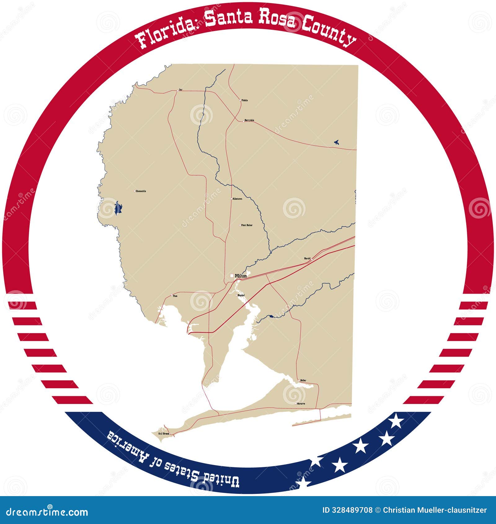 Map of Santa Rosa County in Florida, USA. Stock Illustration ...
