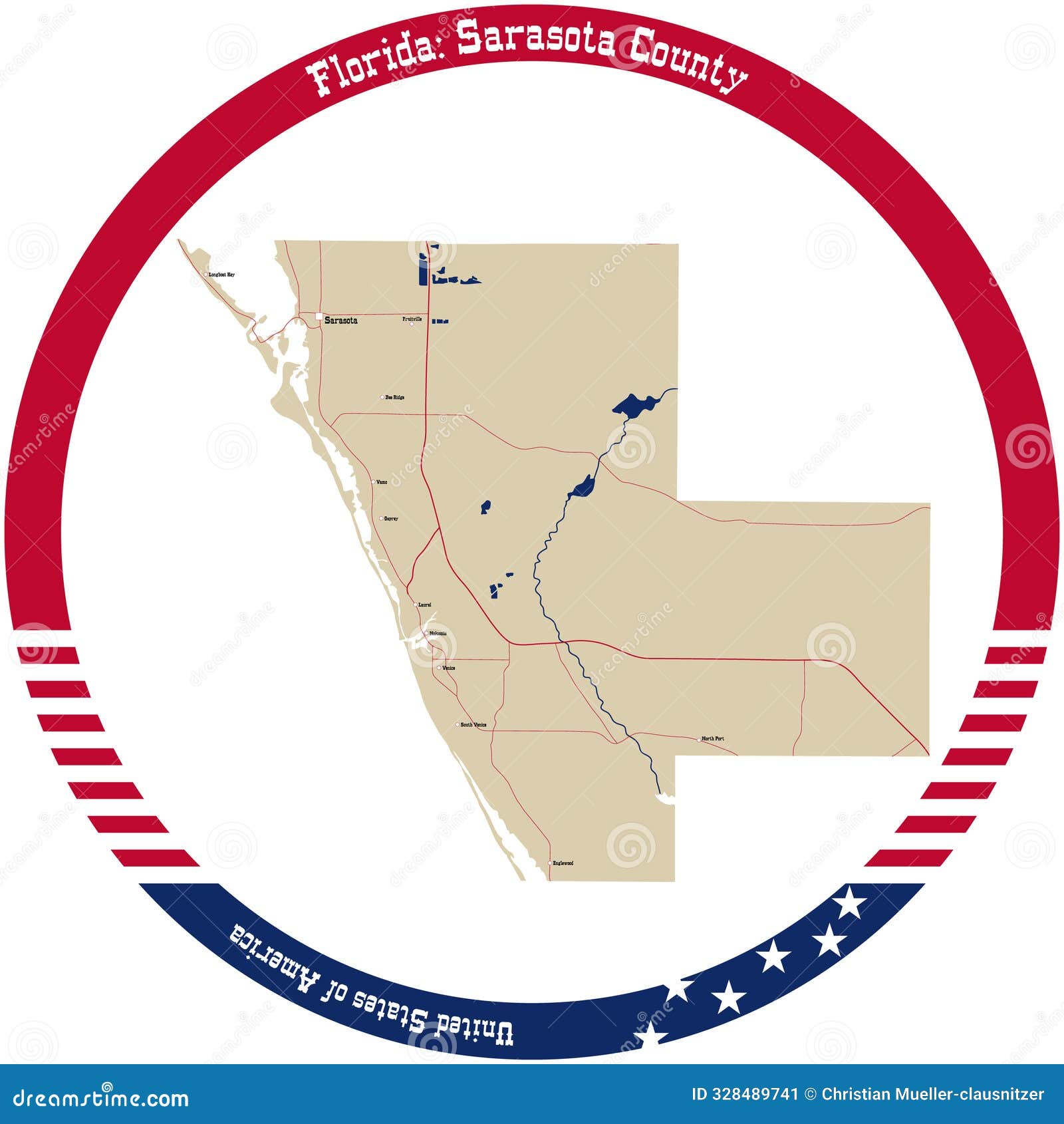 Map of Sarasota County in Florida, USA. Stock Illustration ...