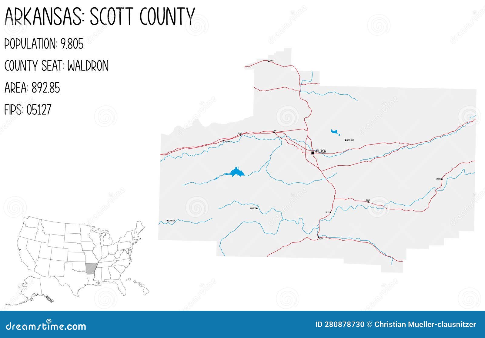 Map of Scott County in Arkansas, USA. Stock Vector - Illustration of ...
