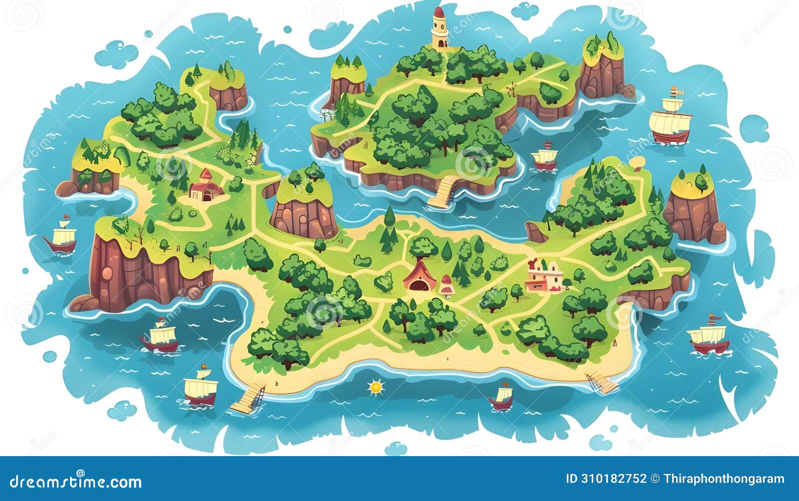 Map with sea and island stock illustration. Illustration of forest ...