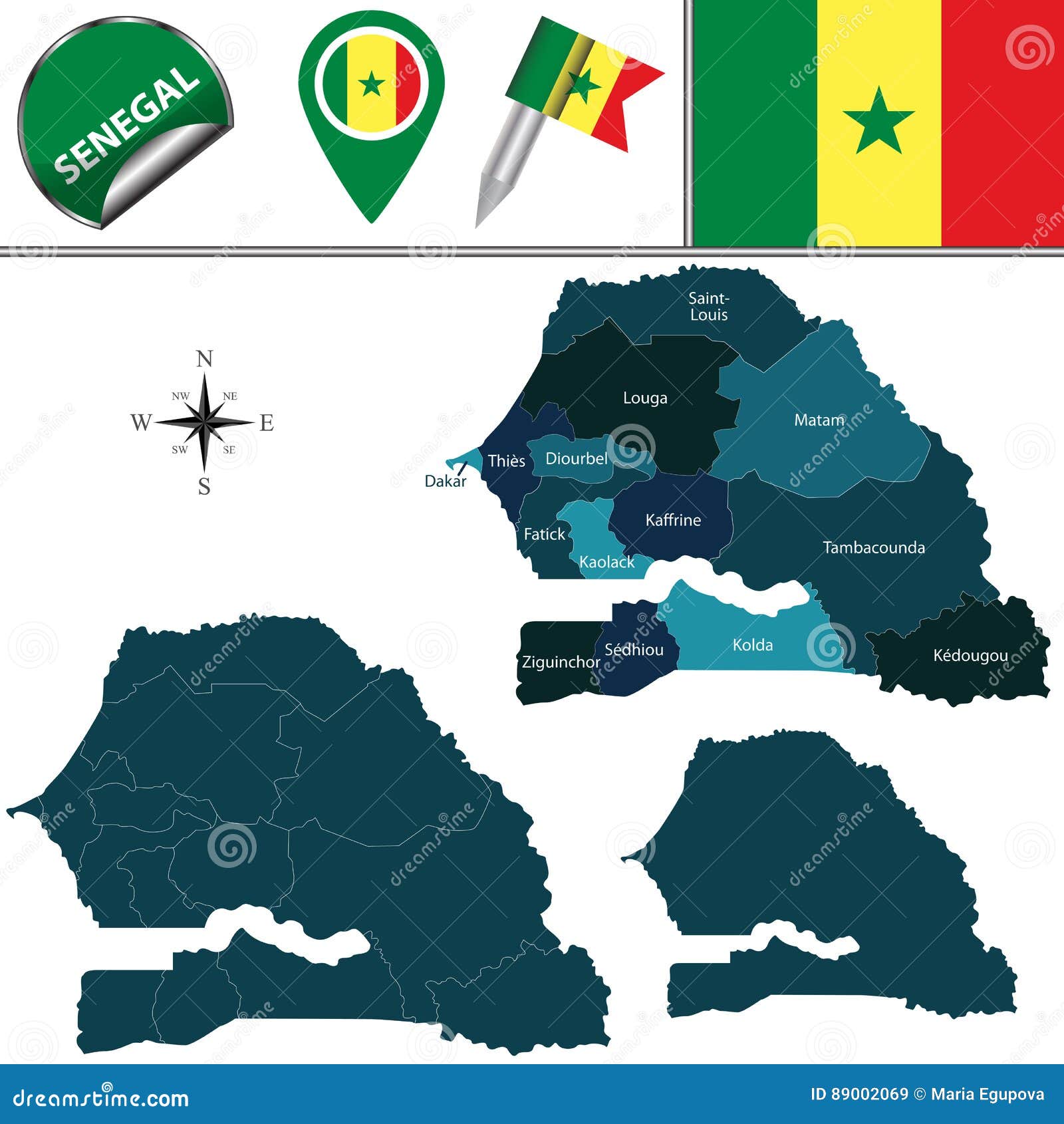 Map of Senegal with Named Regions Stock Vector - Illustration of ...