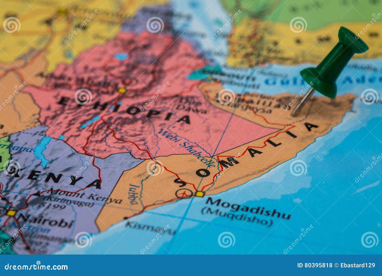 Map of Somalia with a Green Pushpin Stuck Stock Photo - Image of route ...