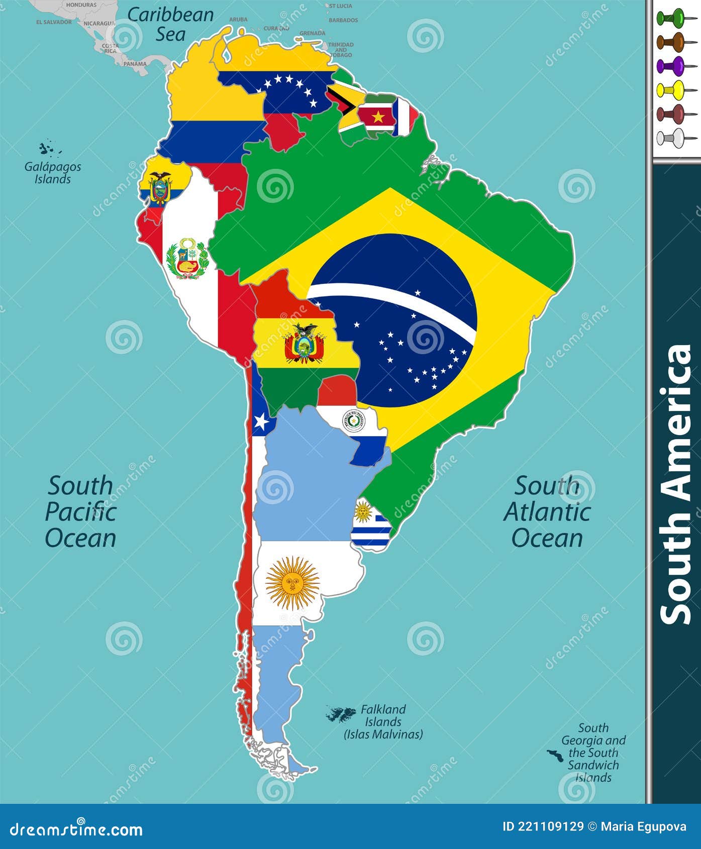 Map of South America stock vector. Illustration of flags - 221109129