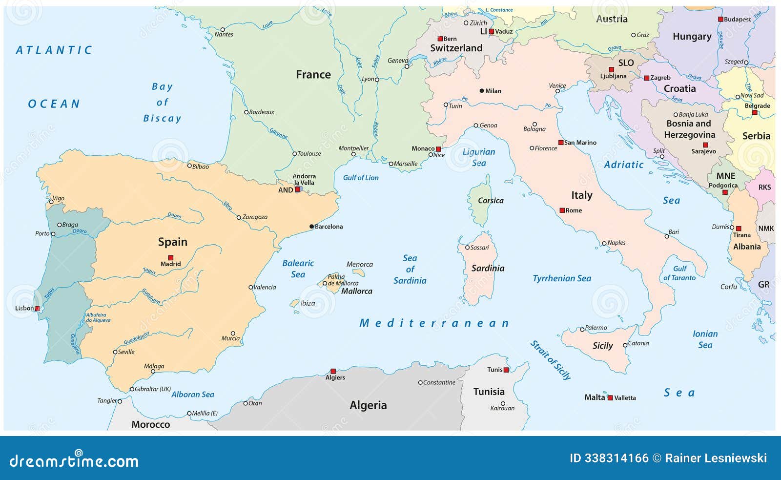 Map of South Europe with the Most Important Cities and Rivers Stock ...