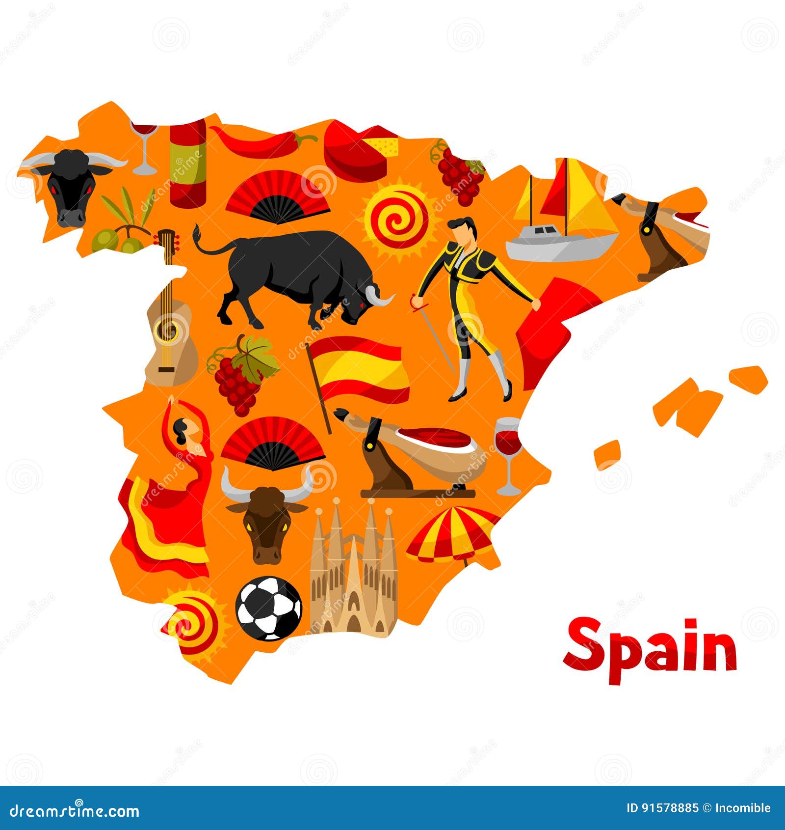 Map of Spain Background Design. Spanish Traditional Symbols and Objects ...