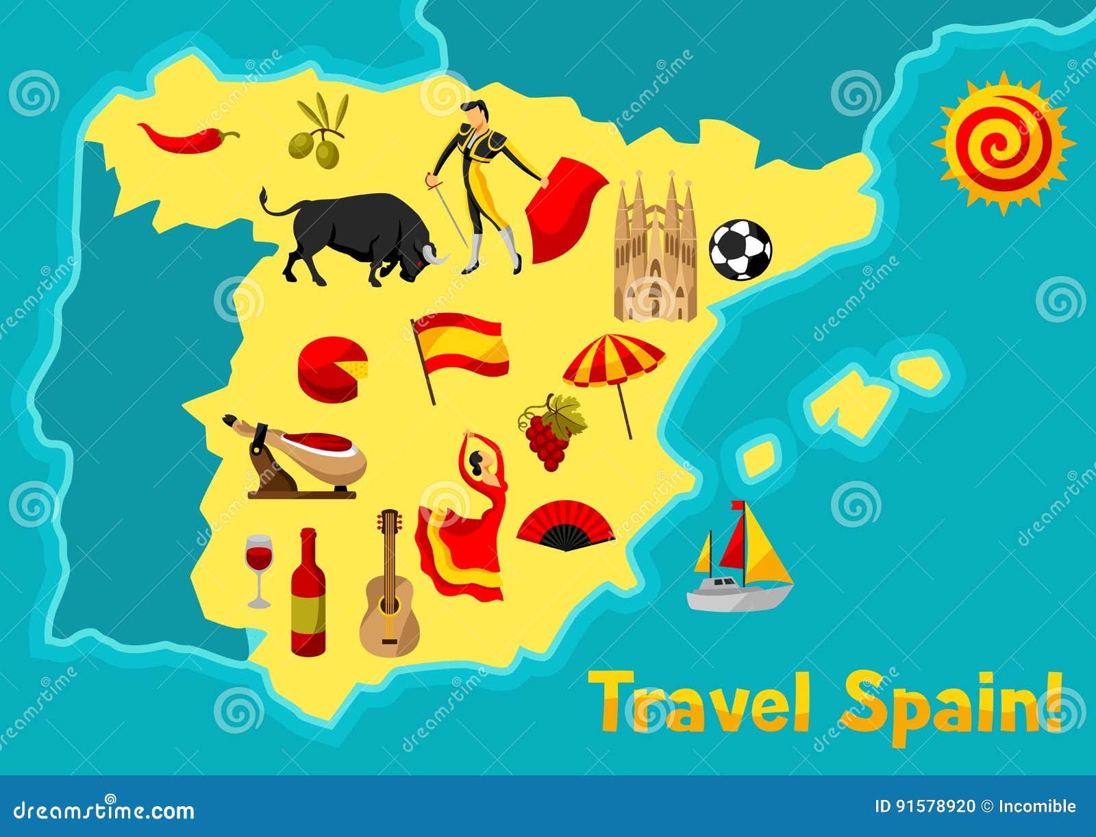 Map of Spain Background Design. Spanish Traditional Symbols and Objects ...