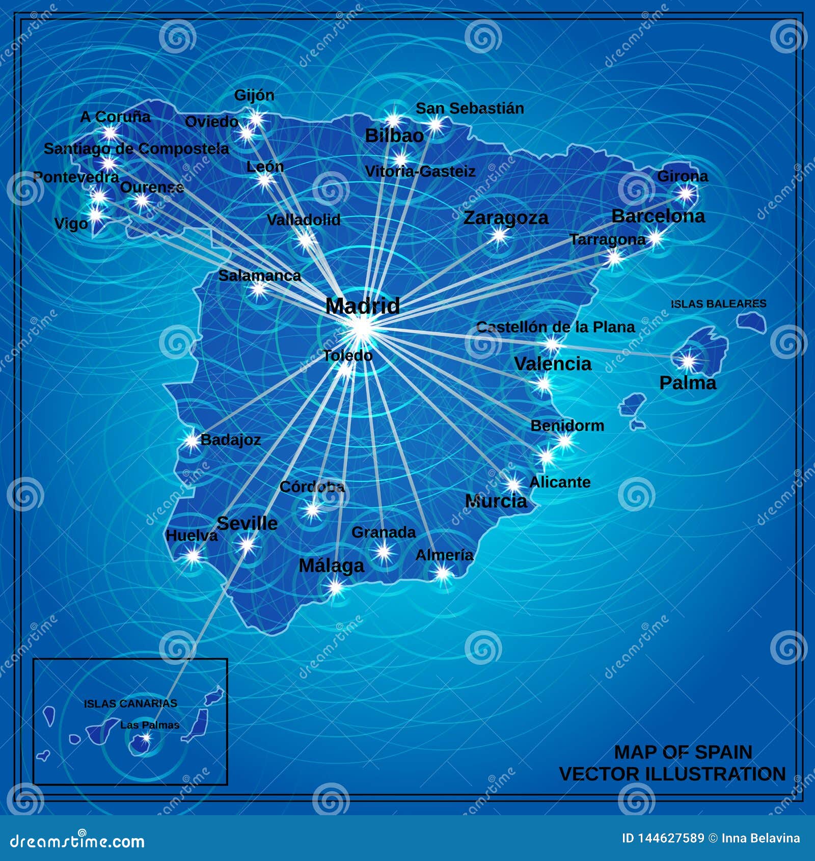 Map of Spain. Bright Illustration with Map. Spain Map in Blue Colors ...