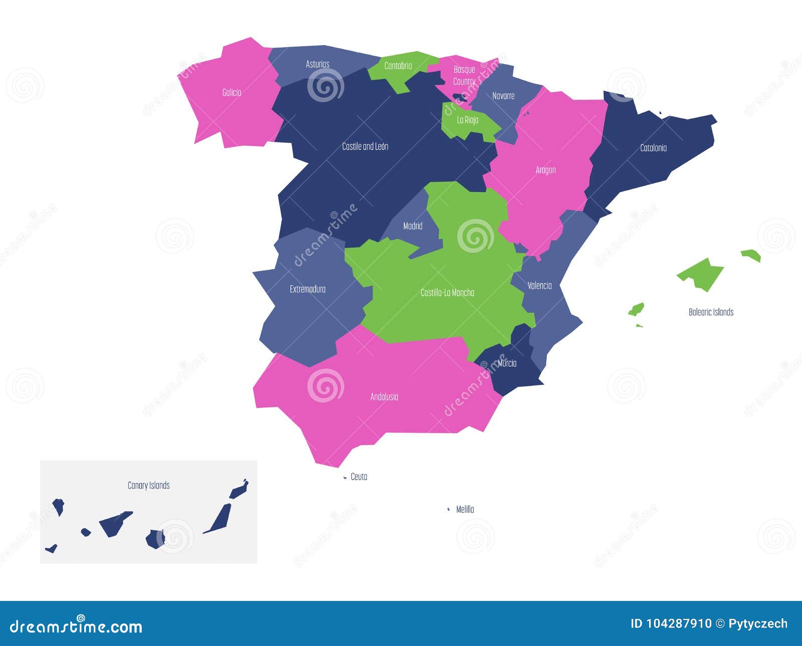 Map of Spain Devided To Administrative Autonomous Communities. Simple ...