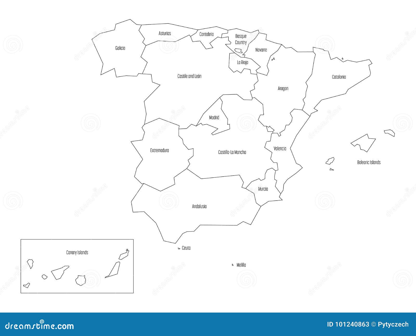 Map Of Spain Devided To Administrative Autonomous Communities. Simple ...