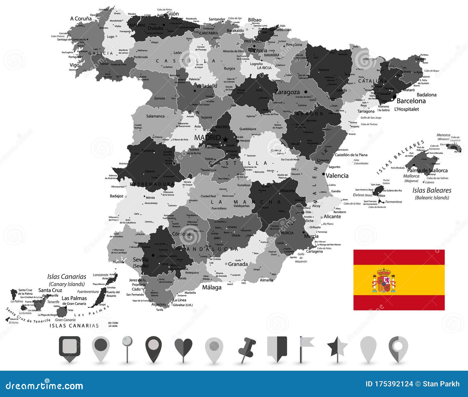 Map of Spain and Flat Map Icons Stock Vector - Illustration of color ...