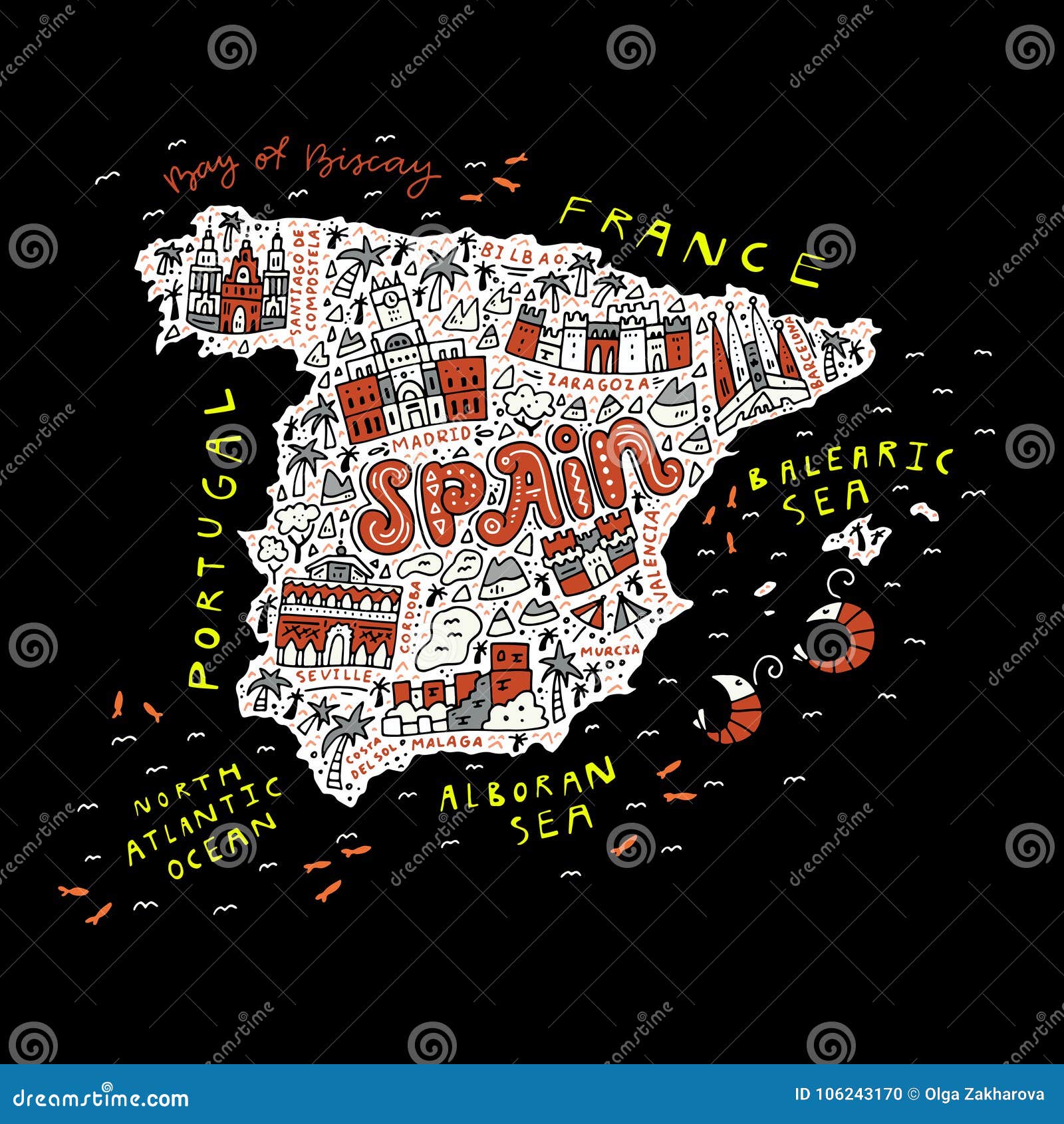 Handdrawn map of Spain stock vector. Illustration of architecture ...