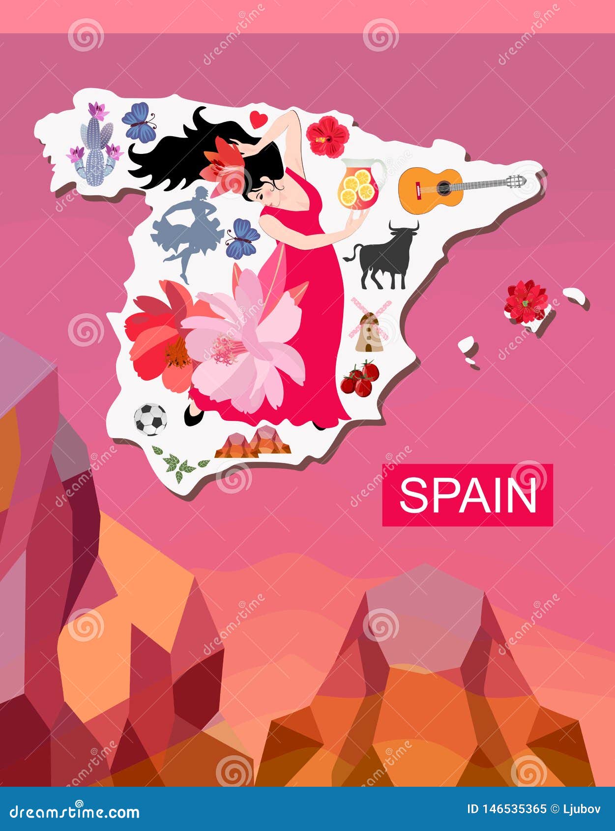 Map of Spain with Spanish Symbols on Mountains Background. Book Cover ...