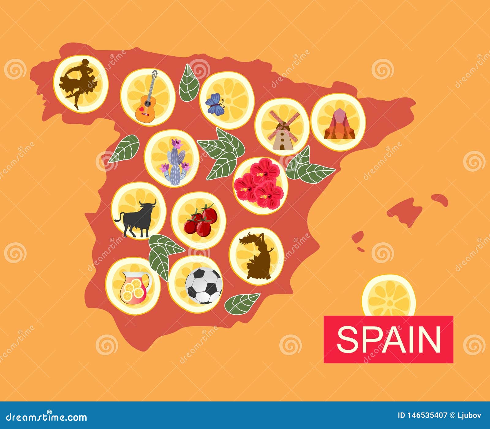 Map of Spain with Various National Symbols on Pieces of Lemon Stock ...