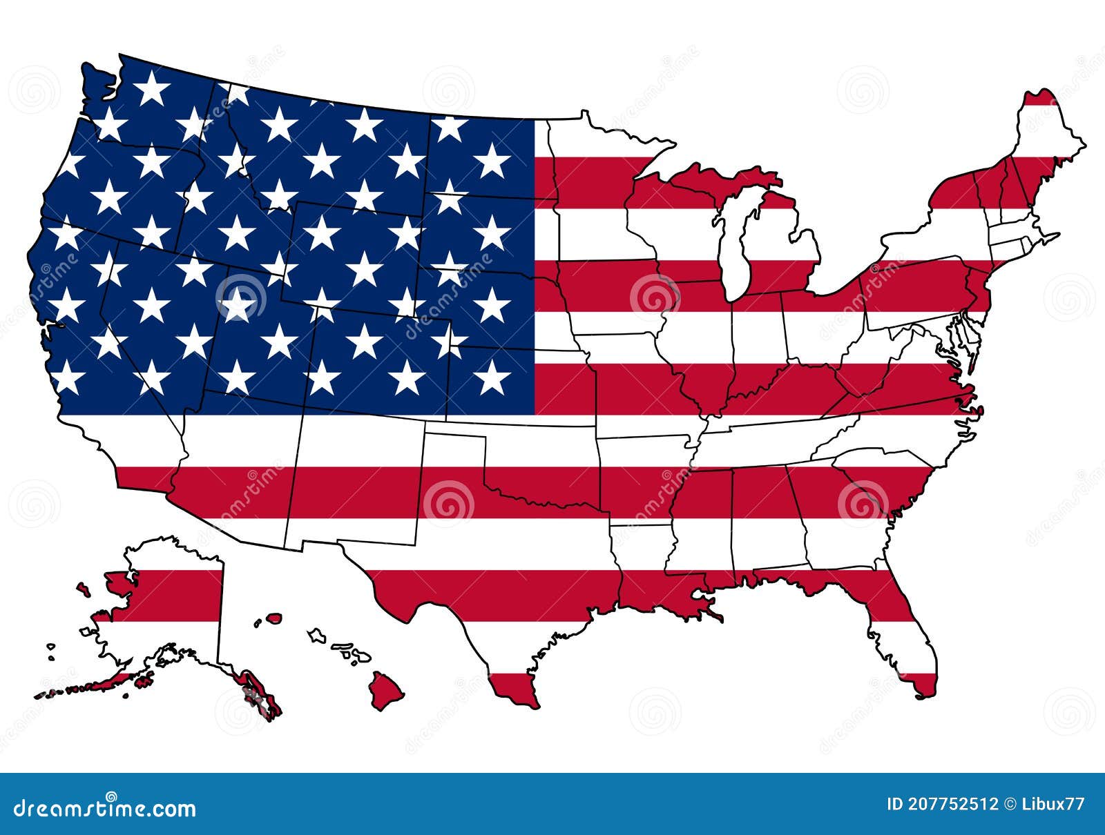 Map of States Borders of USA and American Flag on it Isolated Stock ...