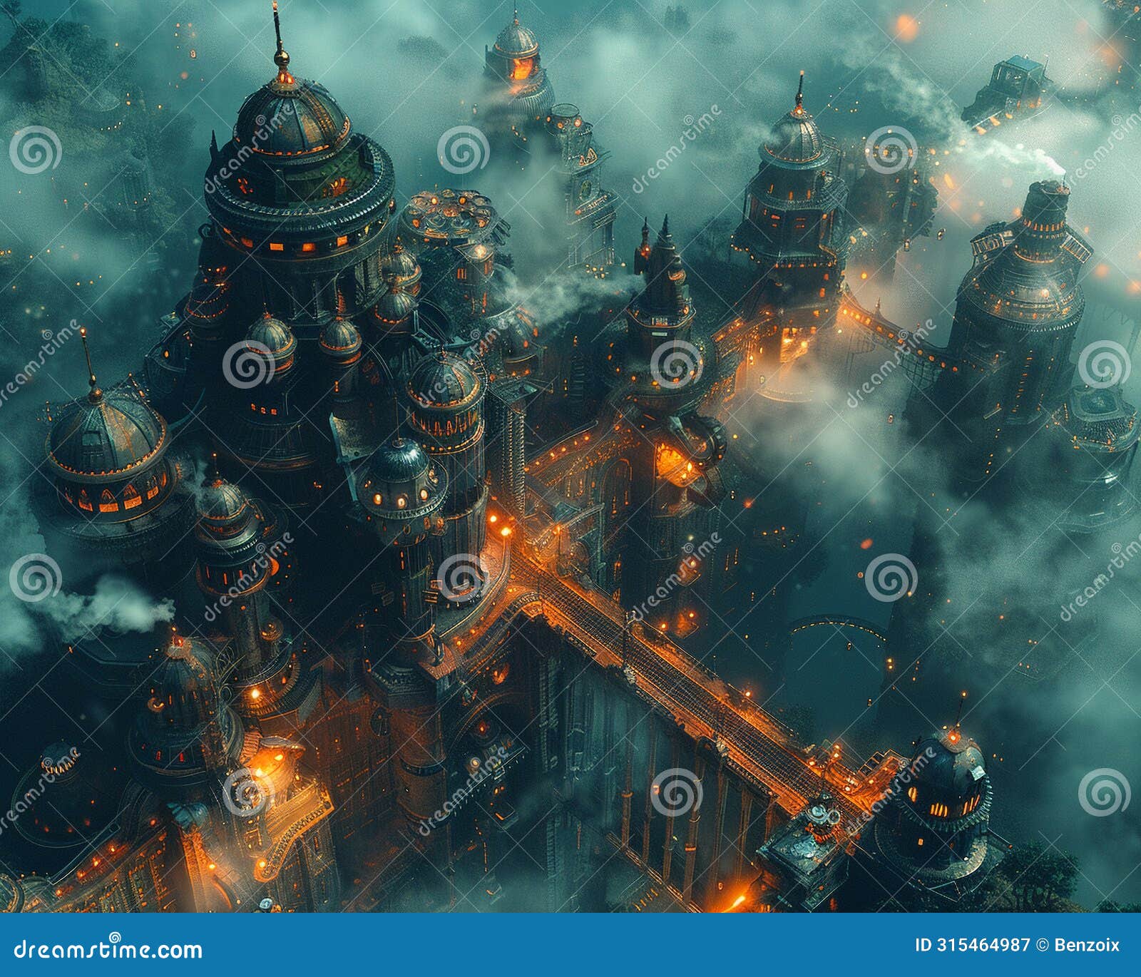 Steampunk City Streets With Mechanisms And Clocks Stock Illustration ...