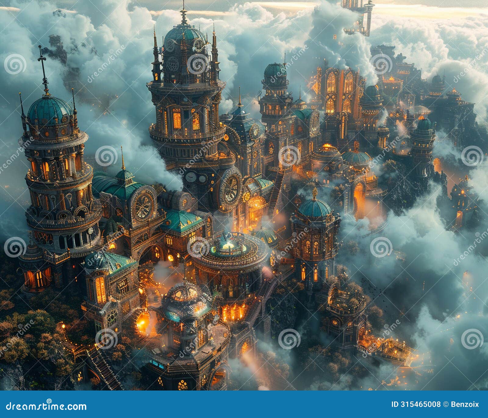 Steampunk City Streets With Mechanisms And Clocks Stock Illustration ...