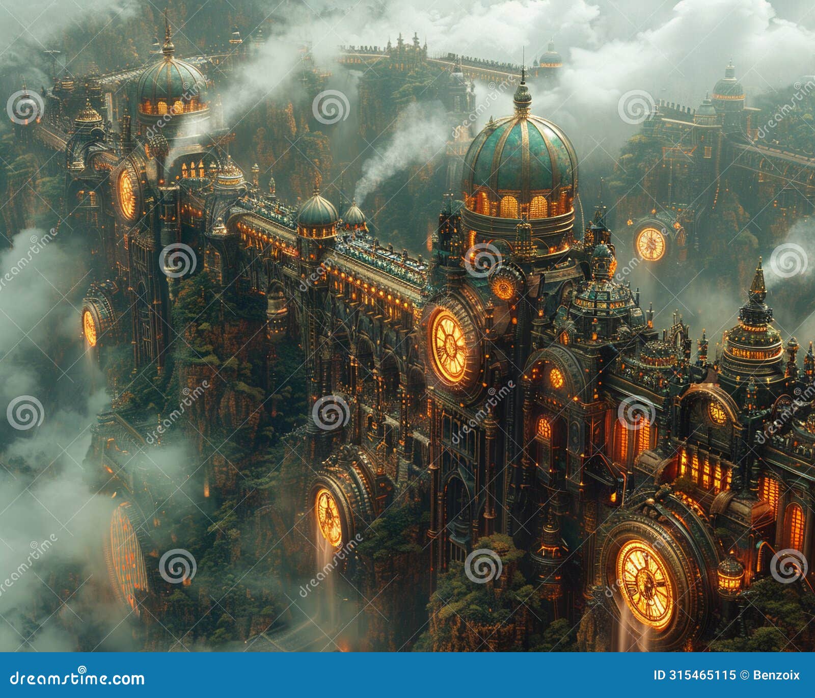 Steampunk City Streets With Mechanisms And Clocks Stock Illustration ...