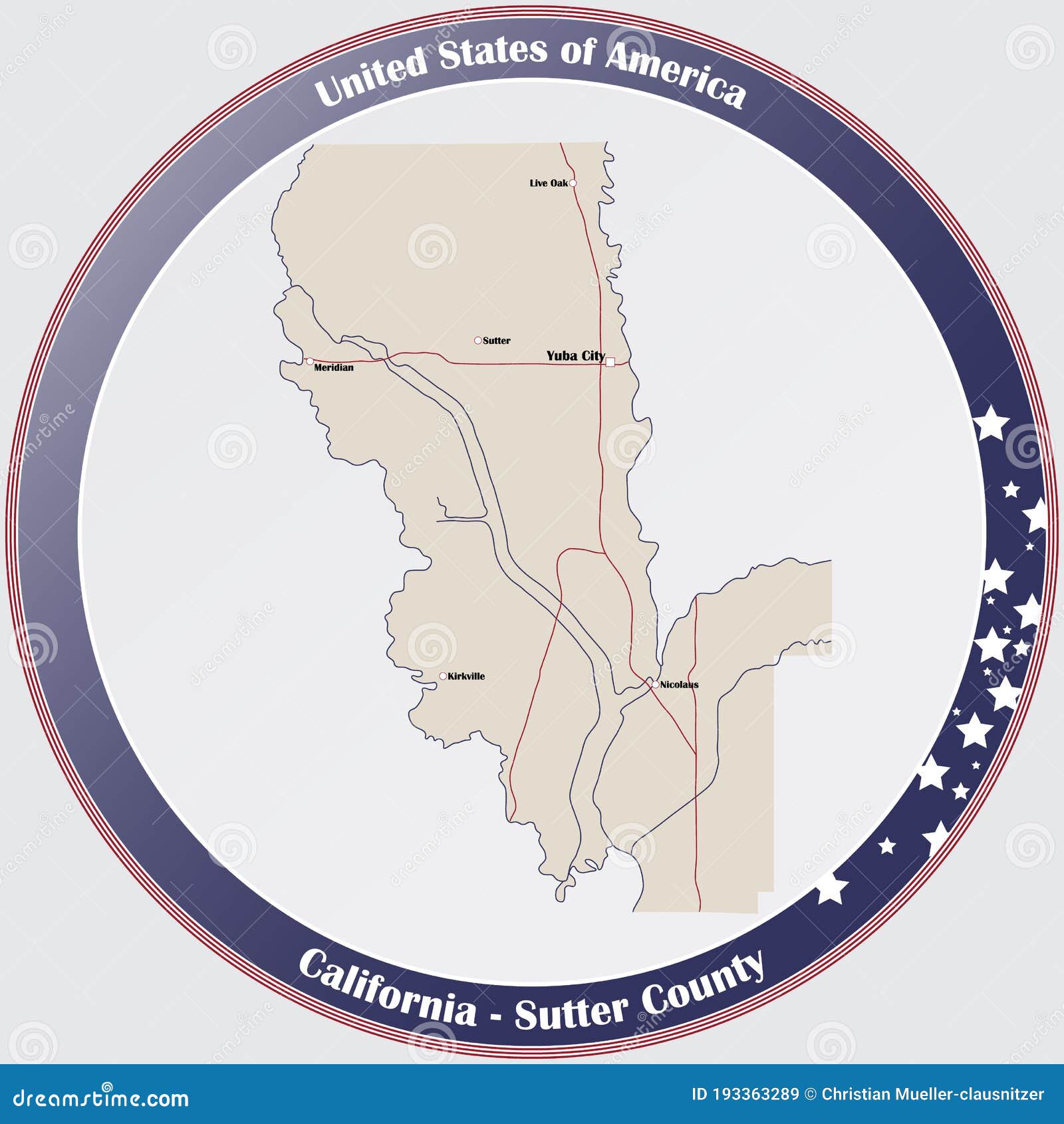 Map of Sutter County in California Stock Vector - Illustration of ...