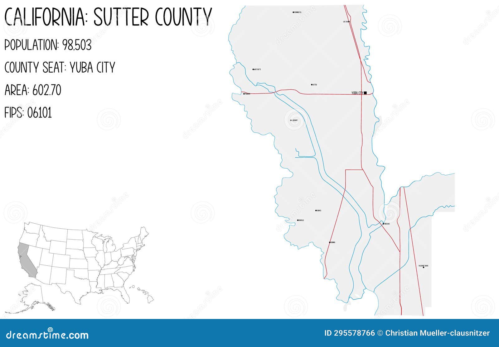 Map of Sutter County in California, USA Stock Vector - Illustration of ...