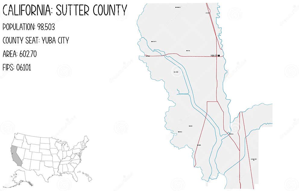 Map of Sutter County in California, USA Stock Vector - Illustration of ...