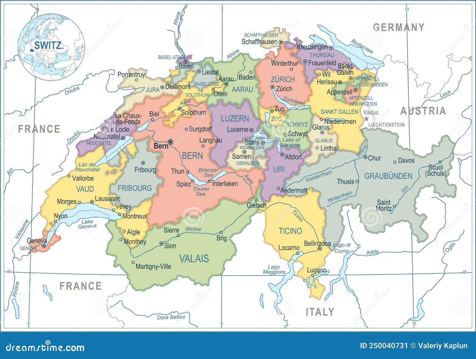 Switzerland - Highly Detailed, Editable Political Map With Labeling ...
