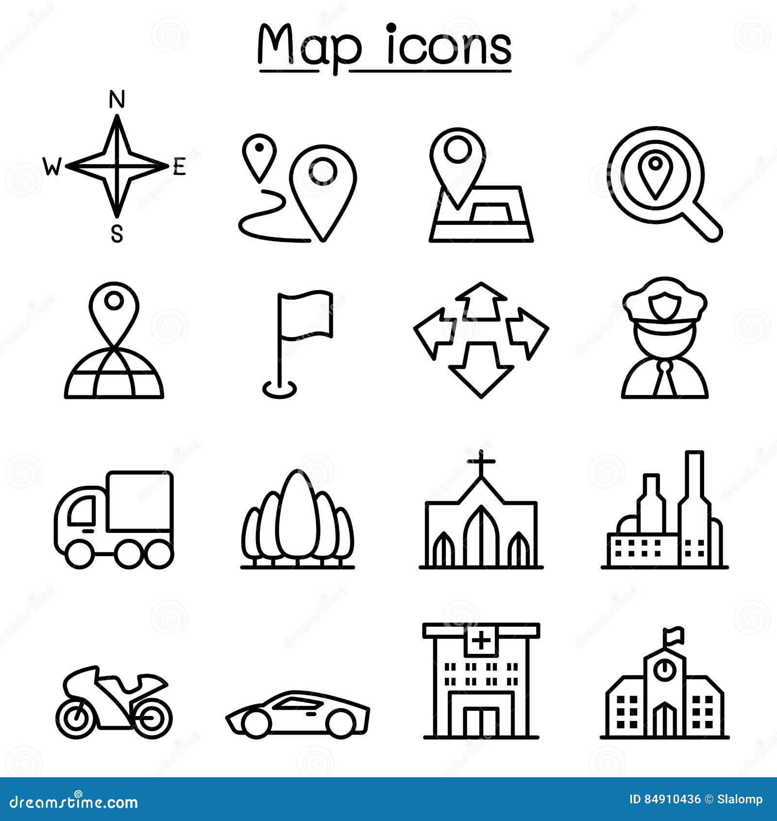 Map & Symbol Icon Set in Thin Line Style Stock Illustration ...