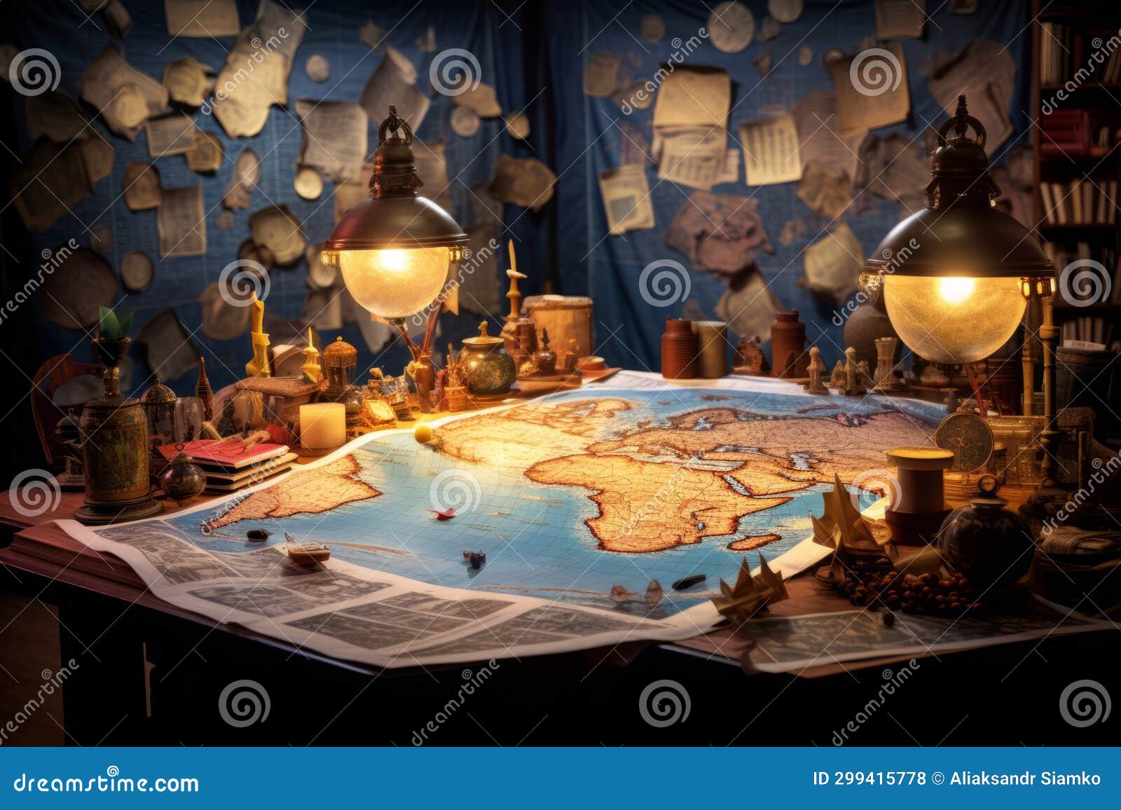 A Map on a Table with Lights Stock Illustration - Illustration of ...