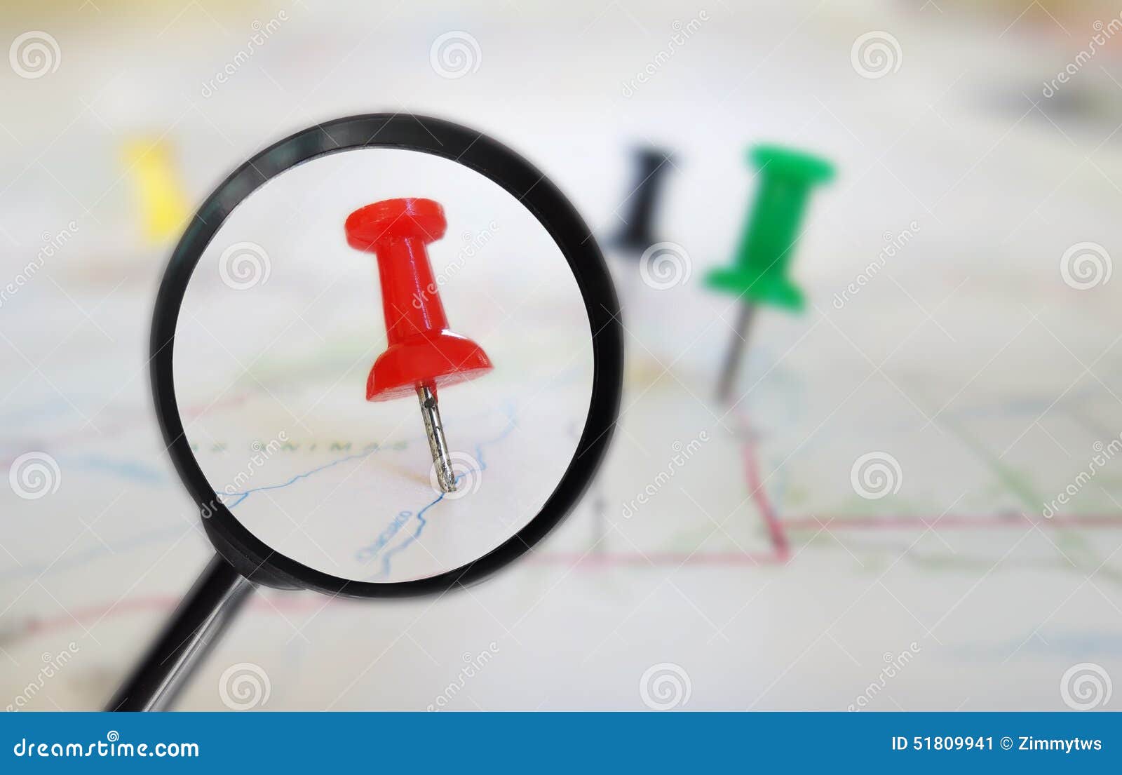 Map tacks magnified stock image. Image of locator, search - 51809941