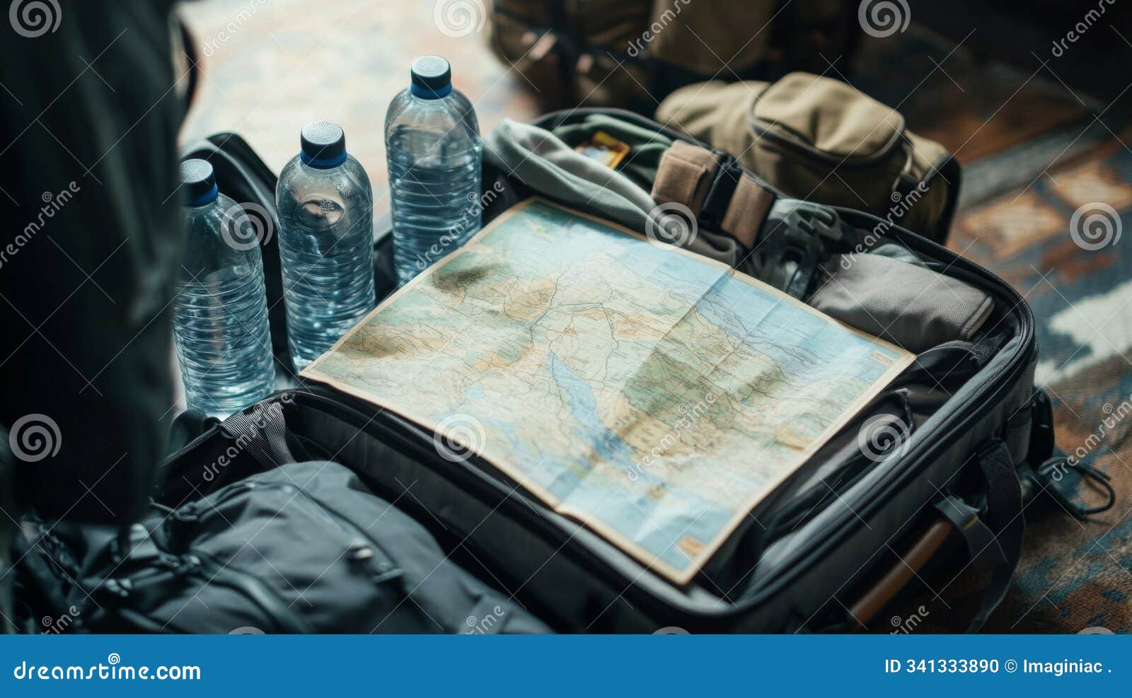 A Map, Three Water Bottles, and Other Items Inside an Open Luggage Bag ...