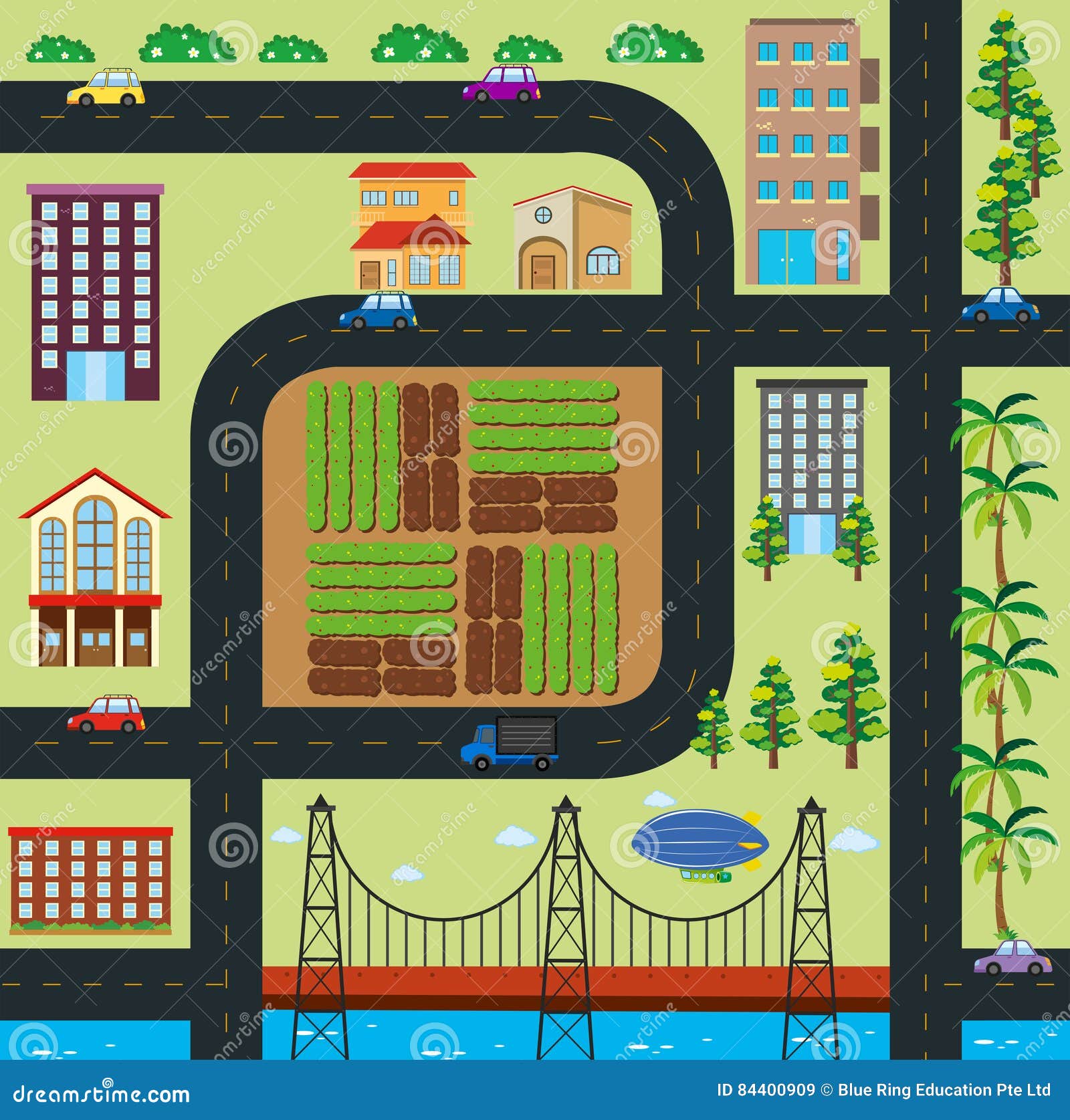Map of Town with Roads and Buildings Stock Vector - Illustration of ...