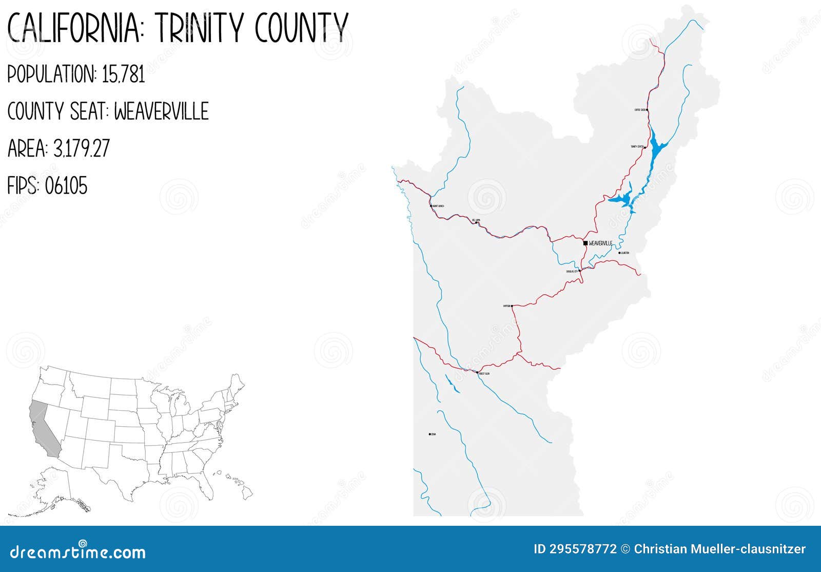 Map of Trinity County in California, USA Stock Vector - Illustration of ...