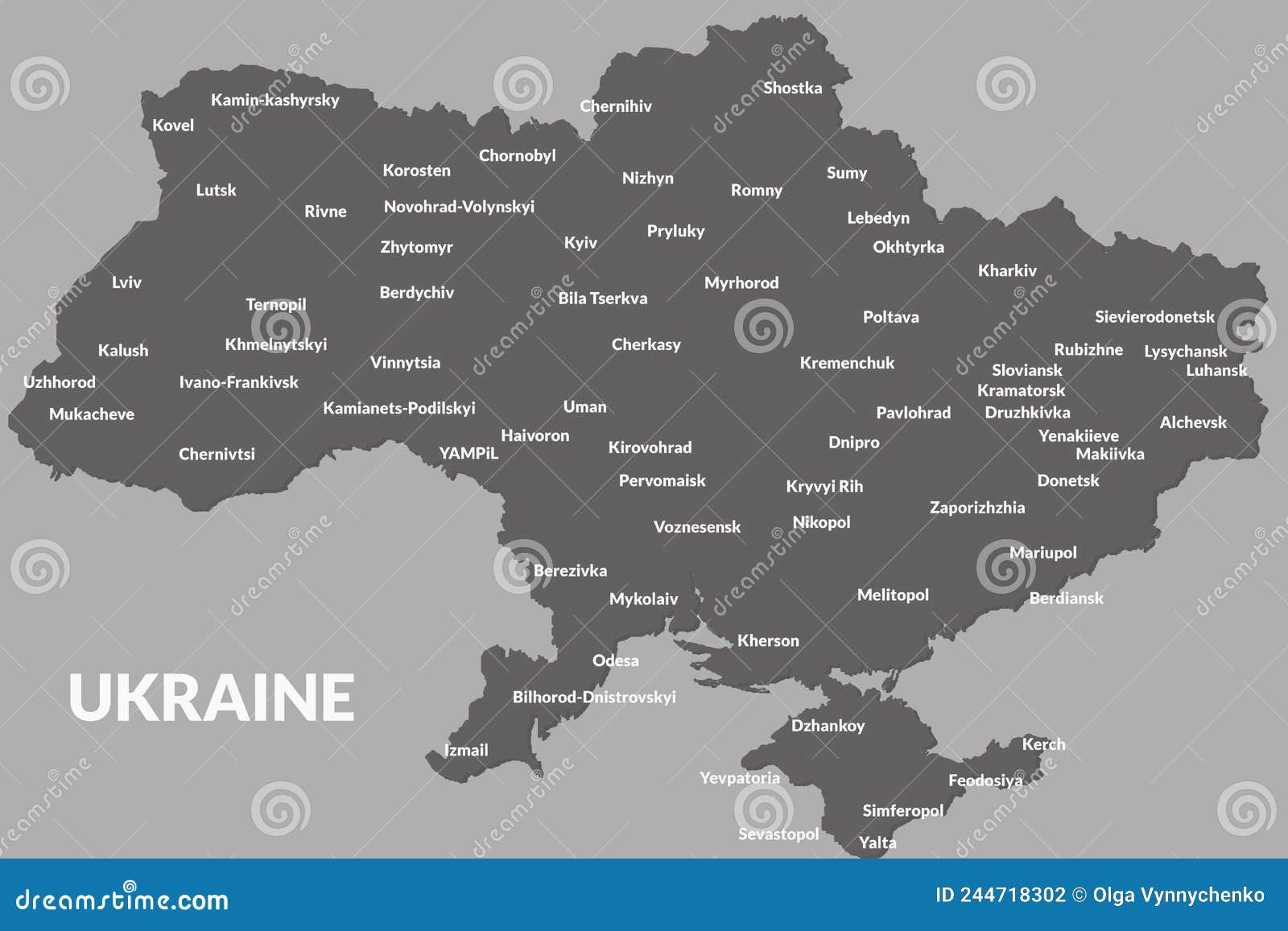 The Map Of Ukraine In Grey Color With Names Of The Cities On Light Grey ...