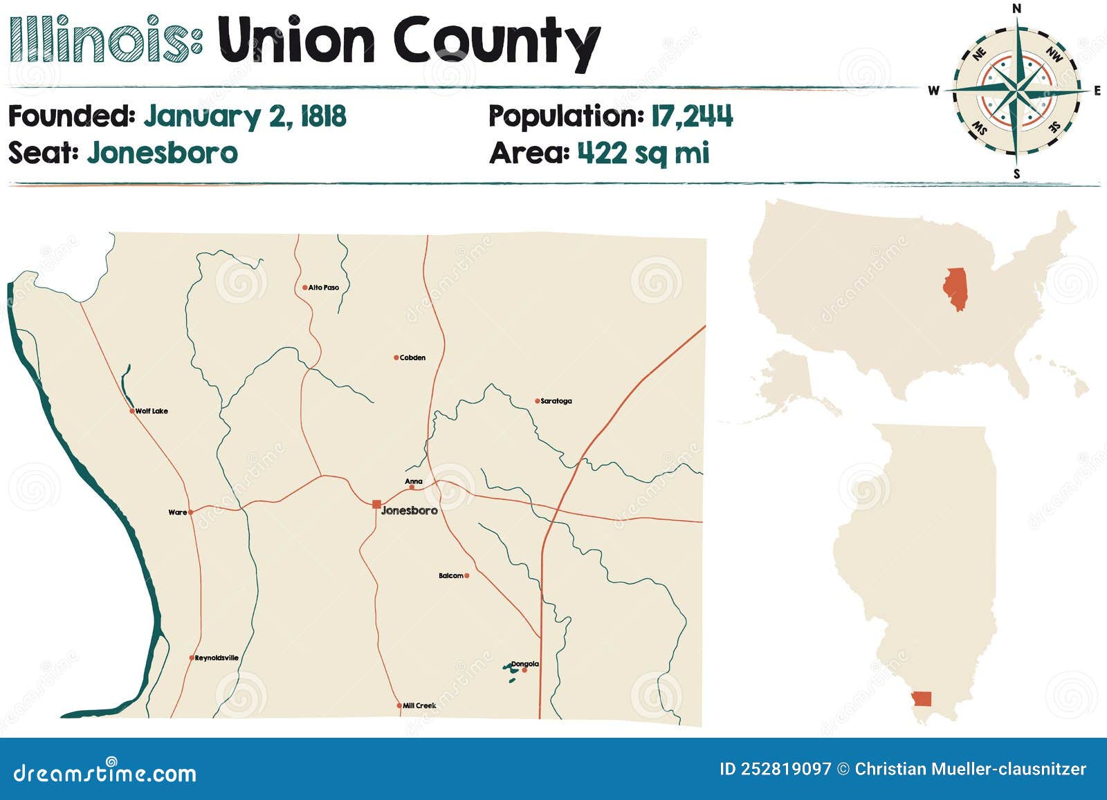 Map of Union County in Illinois Stock Vector - Illustration of colors ...